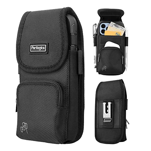 Rugged Nylon Cell Phone Holster Compatible with iPhone 13 Pro Max, 12 Pro Max, Xs Max with Armor Type Phone Case. Belt Clip Pouch with Hook and Loop Fastener, Zipper Storage, Card Slot. (BK)