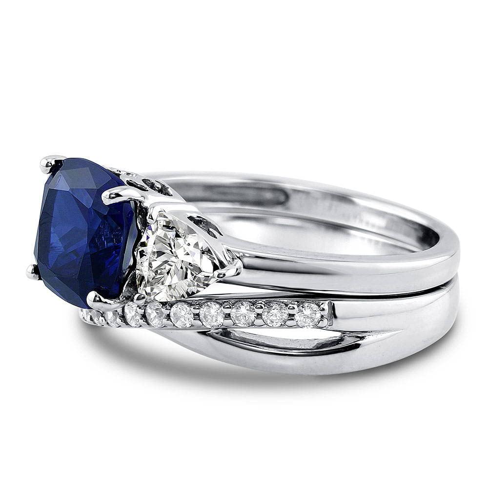 BERRICLE Sterling Silver 3-Stone Wedding Engagement Rings Simulated Blue Sapphire Cushion Cut Cubic Zirconia CZ Criss Cross Ring Set for Women, Rhodium Plated Size 7