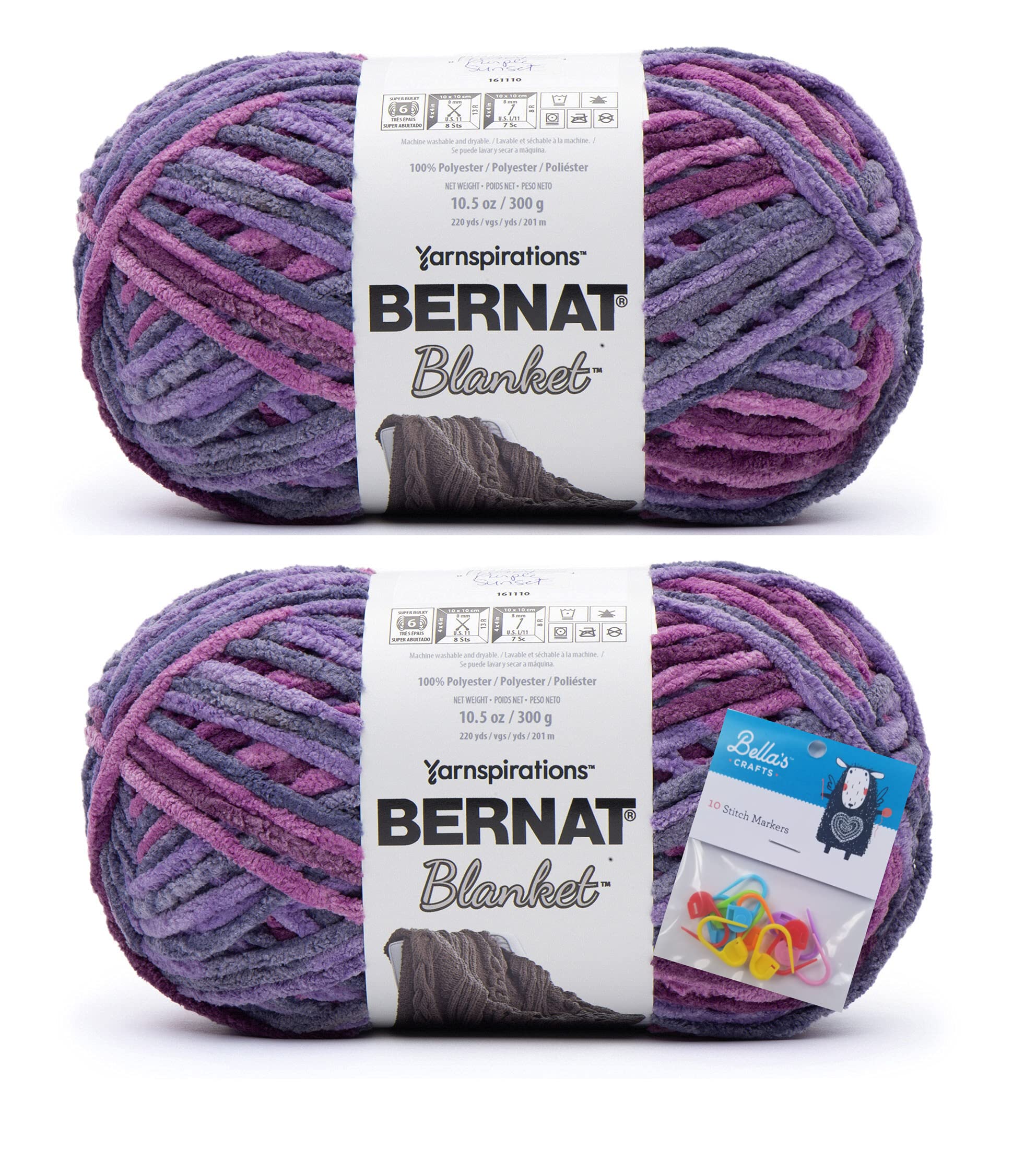 Bernat Blanket Yarn - Big Ball (10.5 oz) - Purple Sunset - 2 Pack Bundle with Bella's Crafts Stitch Markers