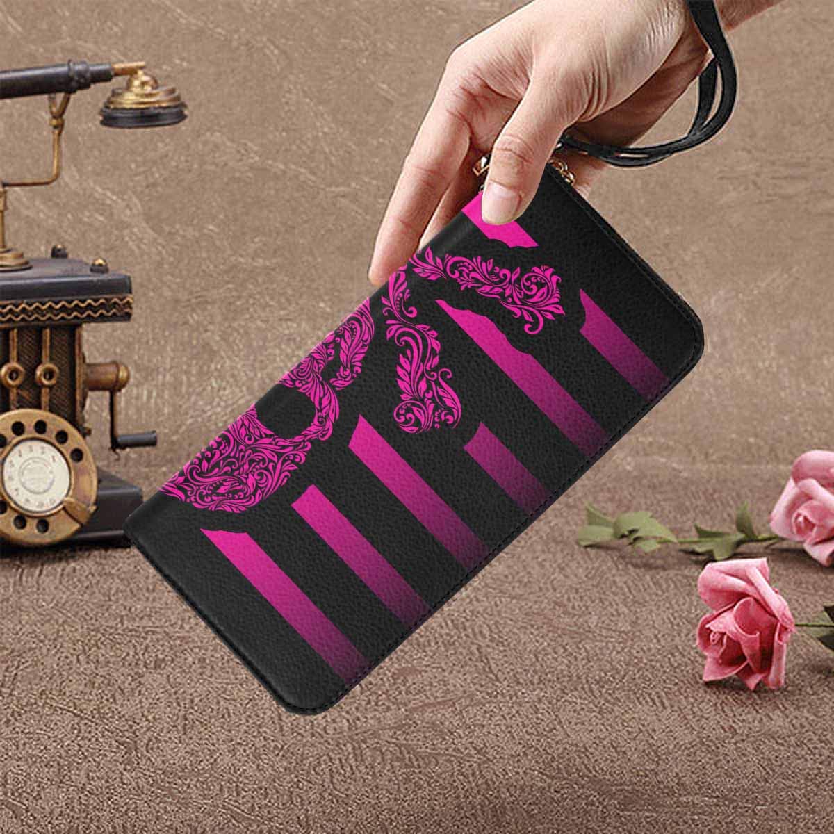 InterestPrint Women's Floral Pink Skull and Crossbones Stripes Fashion Wristlet Purse Continental Wallet