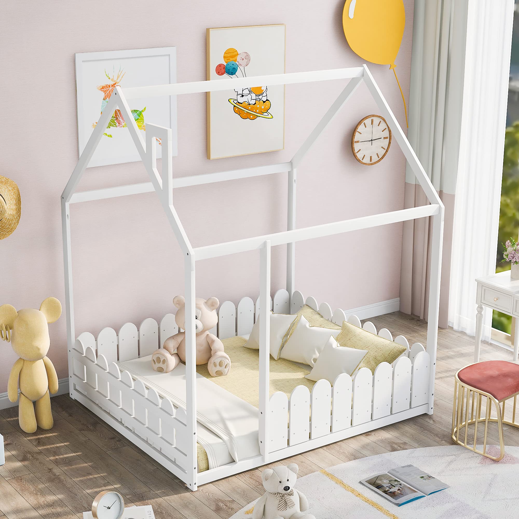 Full Size Wood Bed House Bed Frame with Fence, Cabin Bed, Floor Bed, Nursery Furniture, Kids Tent Bed Play Tent (White Full Size)
