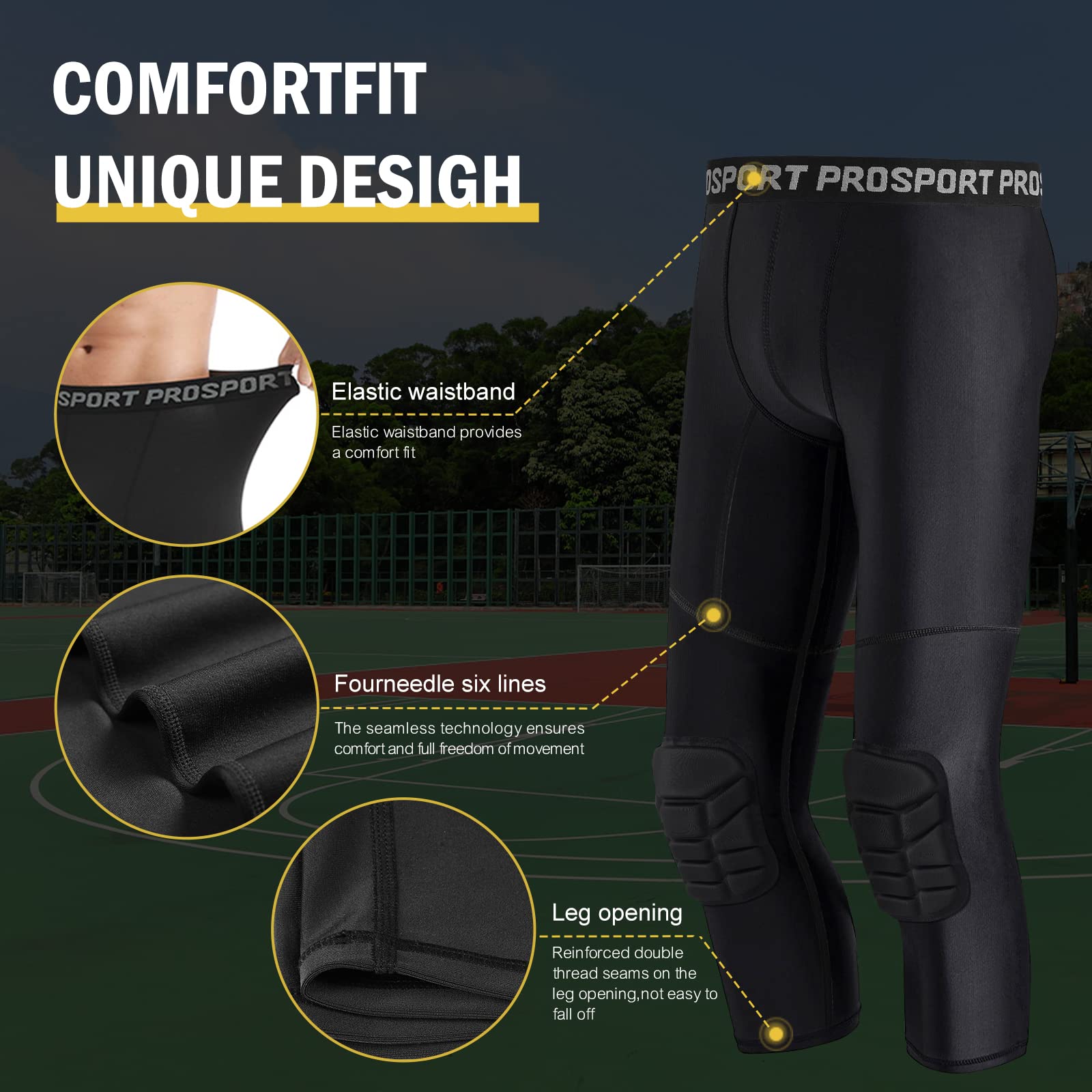 Blaward Mens Boys Compression Pants with Knee Pads 3/4 Capri Sport Tights Basketball Athletic Base Layer Workout Leggings