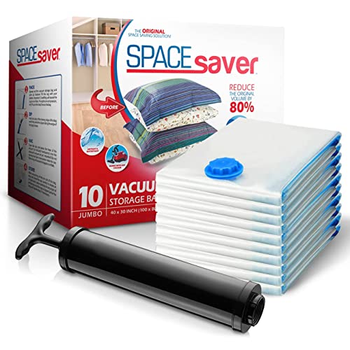 Spacesaver Vacuum Storage Bags (Jumbo 10pk) Save 80% on Clothes Storage Space - Space Saver Vacuum Storage Bags for Comforters, Blankets, Bedding, Compression Seal for Closet Storage - Pump for Travel