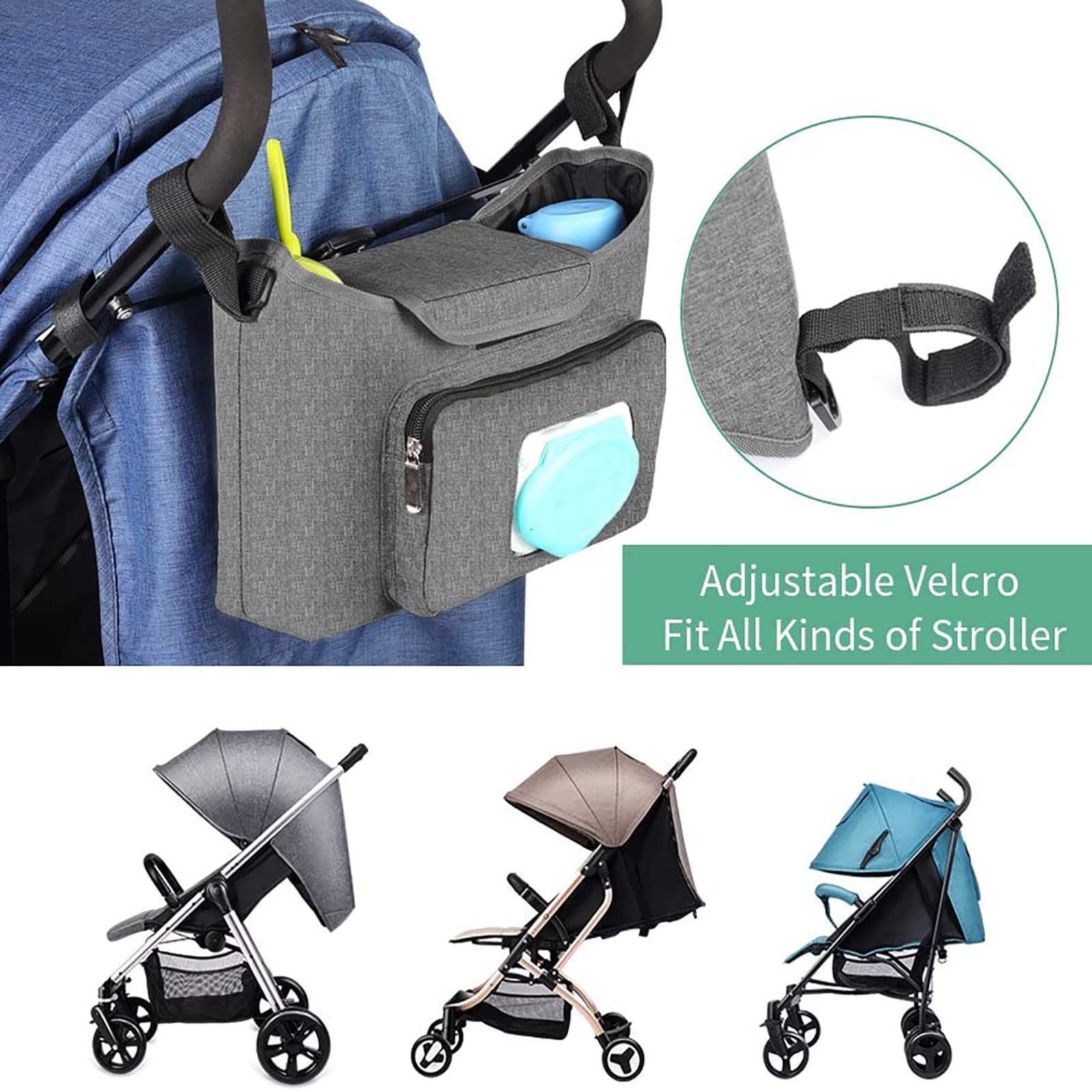 Baby Stroller Organizer - Stroller Accessories Bag Large Space with 2 Cup Holders Multiple Zipper Pockets for Bottle, Diaper, Phone, Toys, Baby Items - Fits All Strollers, Easy Installation