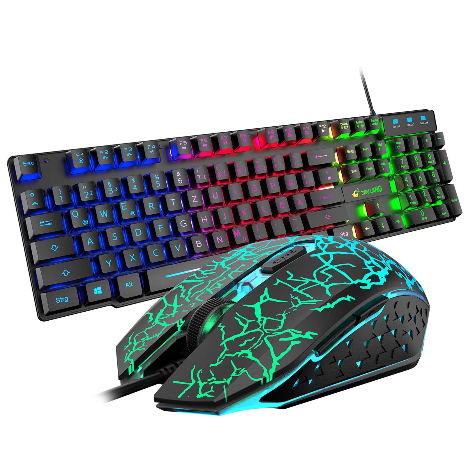 Charella #F5h785 T13 Rainbow Backlight USB Ergonomic Gaming Keyboard and Mouse Set for Pc Laptop