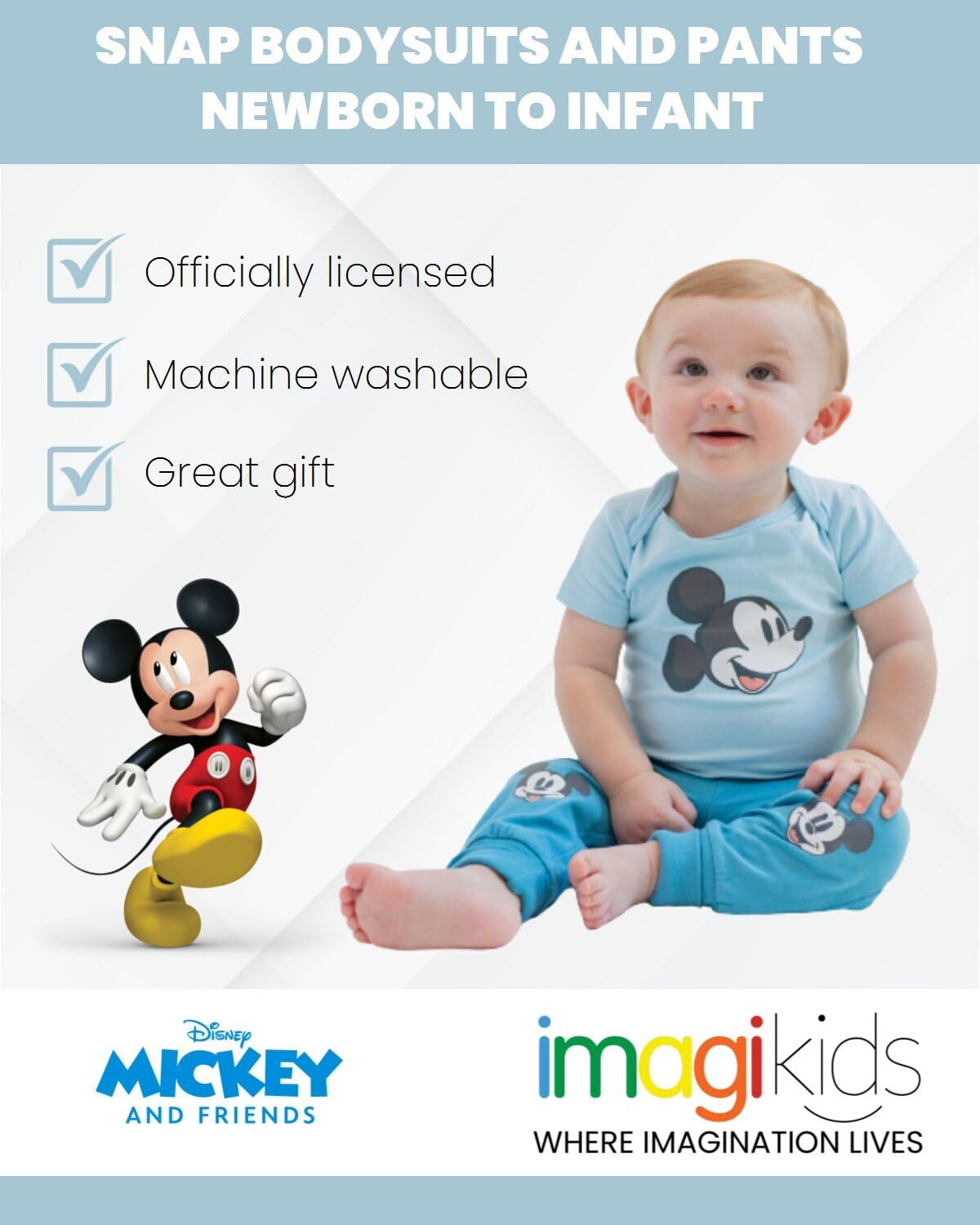 Disney Pluto Mickey Mouse Newborn Baby Boys Snap Bodysuits and Pants Blue/Yellow/Gray 6-9 Months