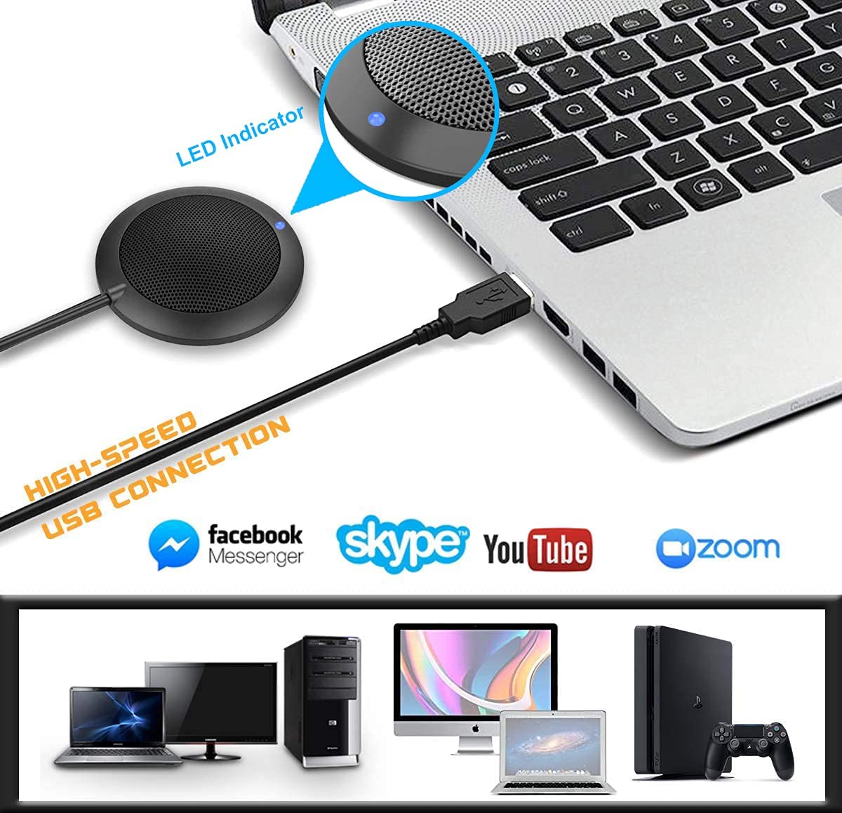 Conference USB Microphone, Computer Desktop Mic with LED Indicator, TKGOU Plug & Play Omnidirectional Condenser PC Laptop Mics for Online Meeting/Class,Skype,Recording,Chatting,Zoom,(Windows/Mac OS X)