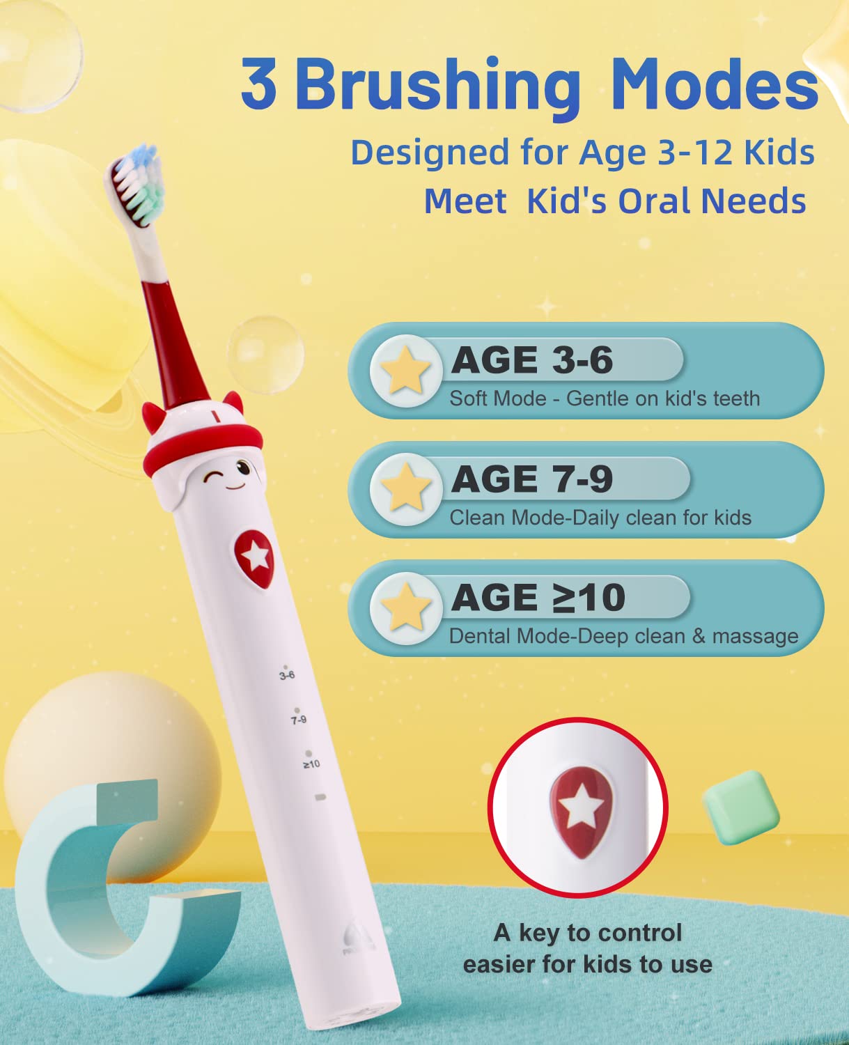JTF Kids Electric Toothbrush-for Ages 3-12, Rechargeable Electric Toothbrushes, Wireless Fast Charge & Long Battery Lasting for 60 Days,with Smart Timer 3 Modes & 2 Kids Size Brush Heads, Red…