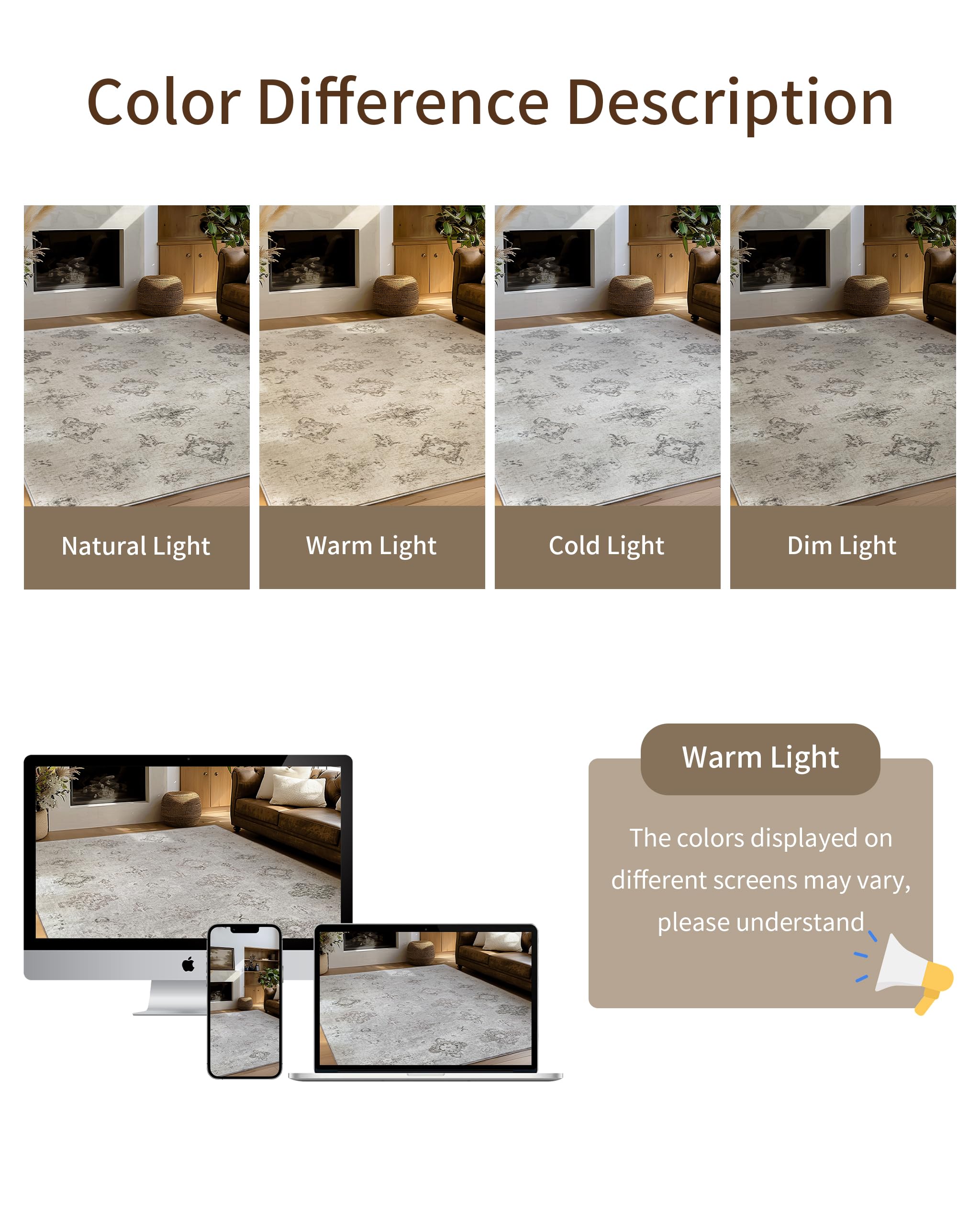 Disolla Washable Moroccan Area Rug 8x10ft for Living Room Bedroom Large Soft Indoor Decor Carpet Non Slip Distressed Neutral Low Pile Floor Rugs for Dining Room Office, Beige & Gray