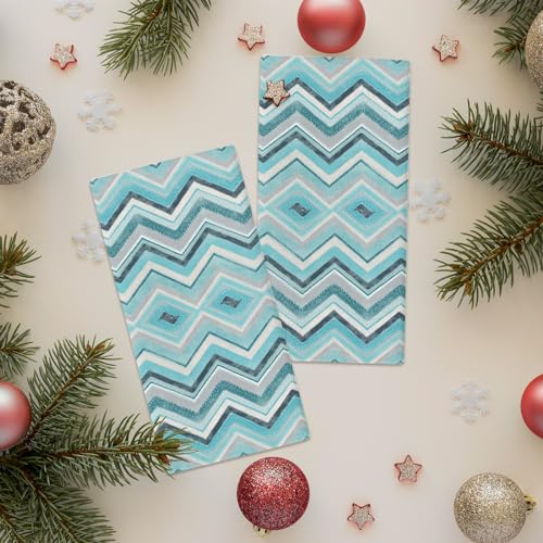 Beisseid Kitchen Dish Towels Aqua Turquoise Chevron Dish Cloth Fingertip Hand Towels Geometric Design Stripe Super Absorbent Soft Cotton Tea Towel 1 PC