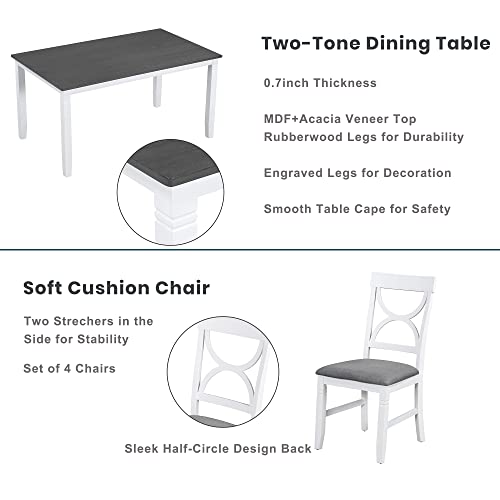 LUMISOL 6 Piece Dining Table Set Farmhouse Style Soild Wood Kitchen Dining Set with Chairs and Bench for 6 Persons, Rectangle Table with Upholstered Chair and Bench, Gray+White
