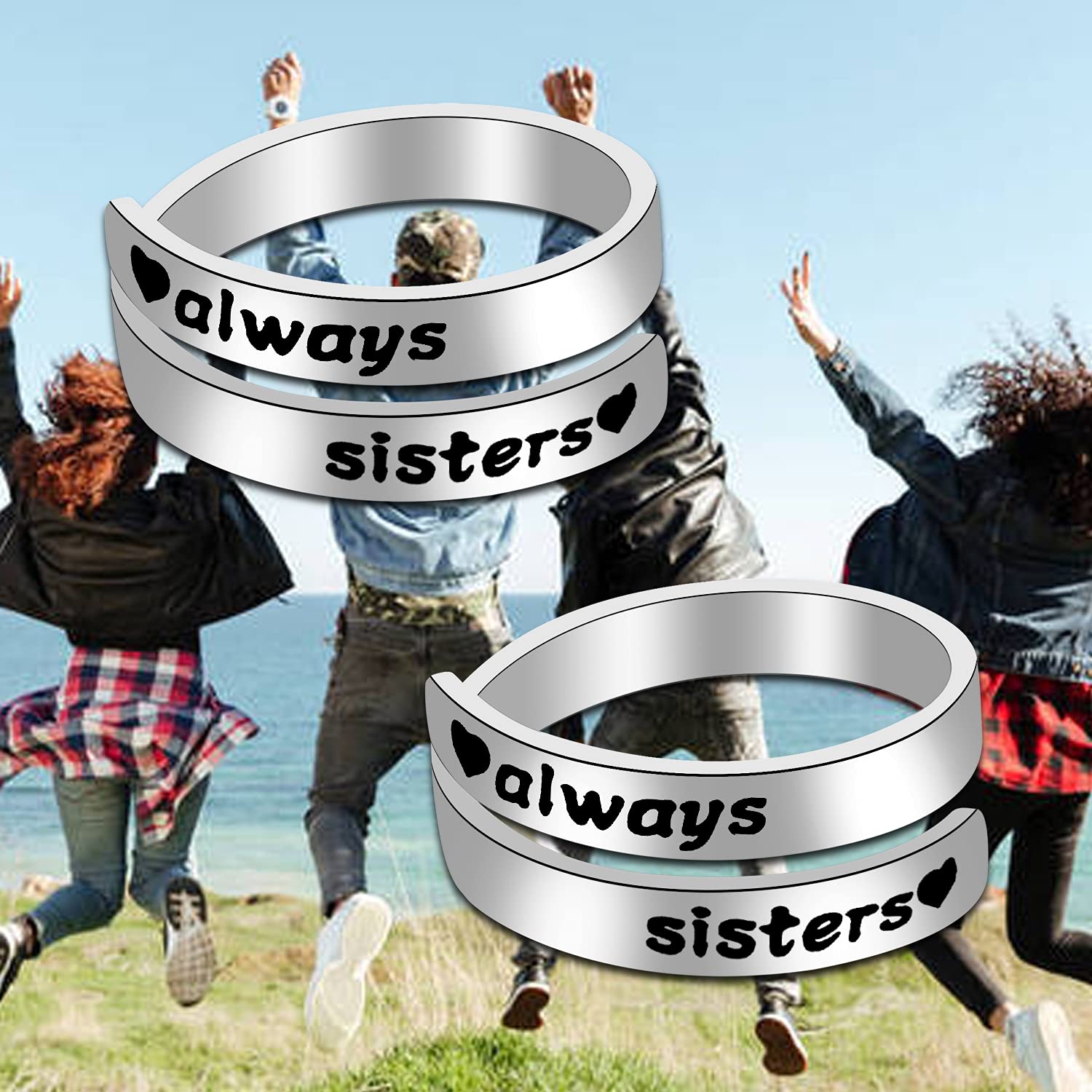 BAUNA 2PCS Best Friends Rings Pinky Promise Adjustable Spiral Wrap Twist Ring Always Sisters for Family Twins Sisters (Twin Sisters Rings)