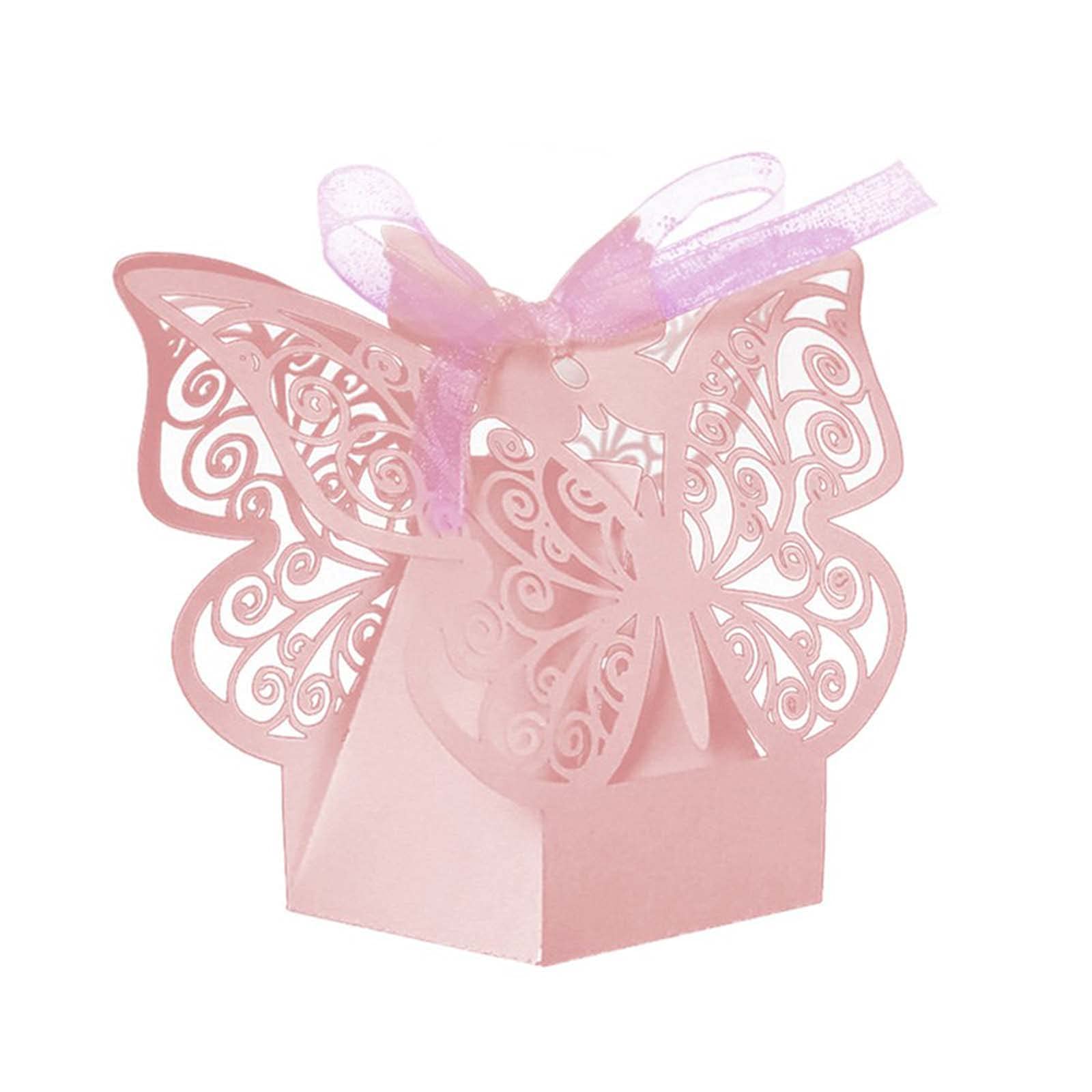 JANOU 24pcs Butterfly Candy Boxes Laser Cut DIY Paper Box with Ribbons for Wedding Bridal Birthday Baby Shower Party Suppliers (Pink)