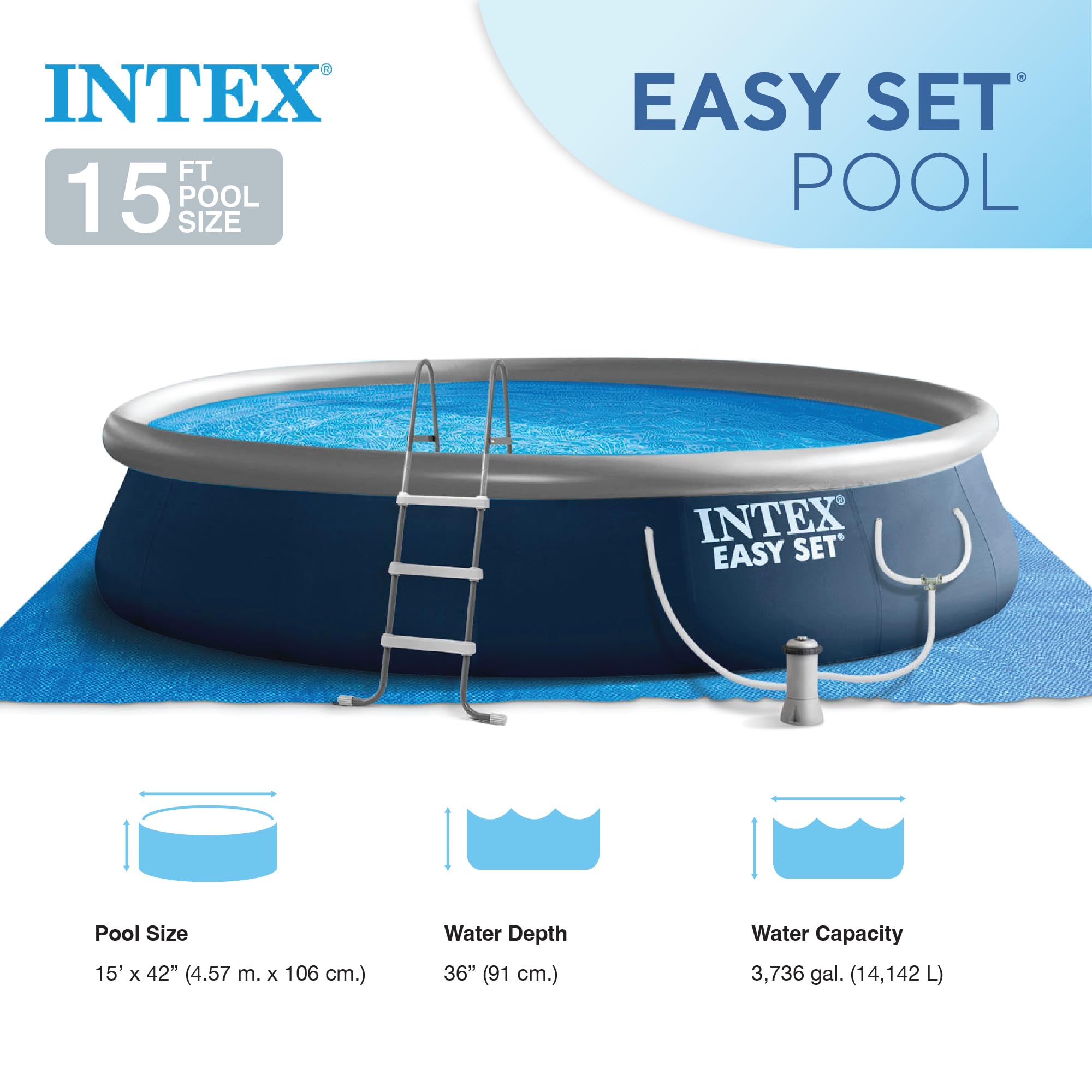 Intex Easy Set 15' x 42" Round Inflatable Outdoor Above Ground Swimming Pool Set with 1000 GPH Filter Pump, Ladder, Ground Cloth, and Pool Cover