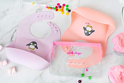 NatureBond Cute Silicone Bibs for Babies, 2-pack with Waterproof Bib Pouch (Pink & Lavender) Quirky Bibs, Baby Bibs, Baby Girl Gift.