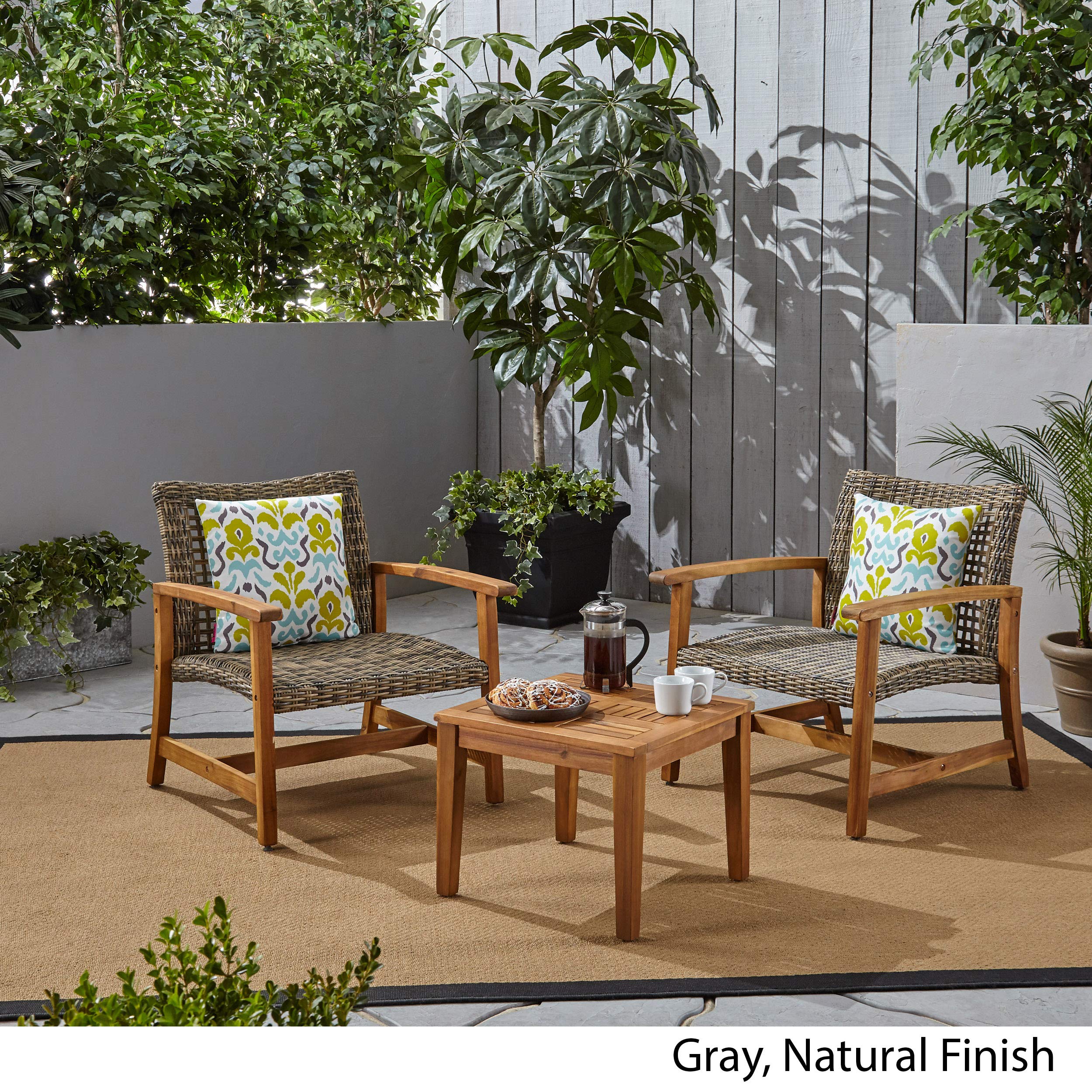 GDFStudioOutdoor 3 Piece Wood and Wicker Club Chairs and Side Table Set, Gray