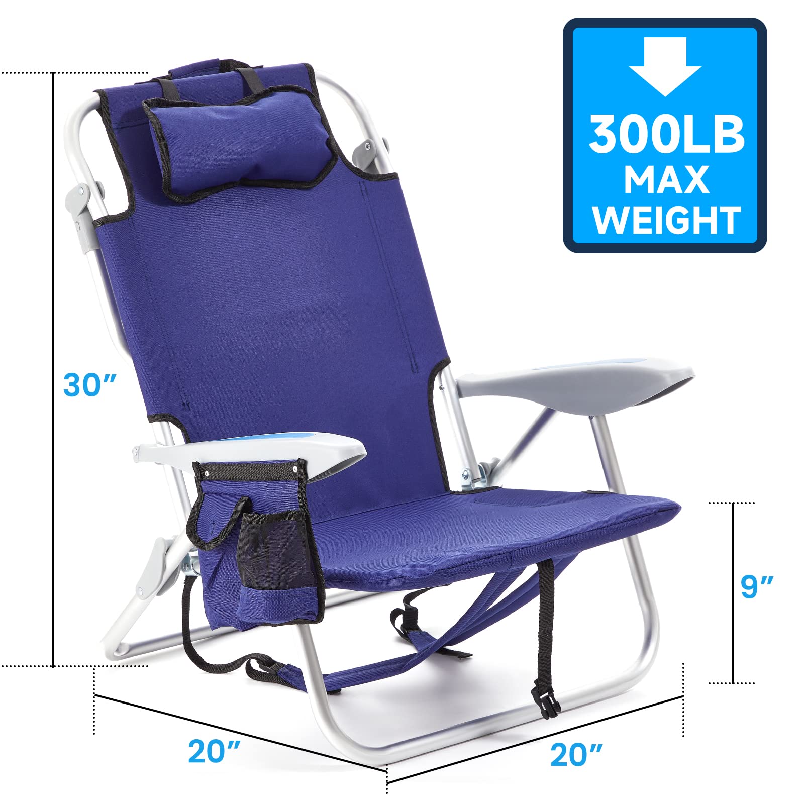 Canpsky Portable Camping Beach Chair for Adults, Lay Flat Folding Backpack Beach Chair with 4 Positions, Lightweight Beach Chairs with Headrest, Cooler Pouch, Cup Holder for Sand Party, Navy