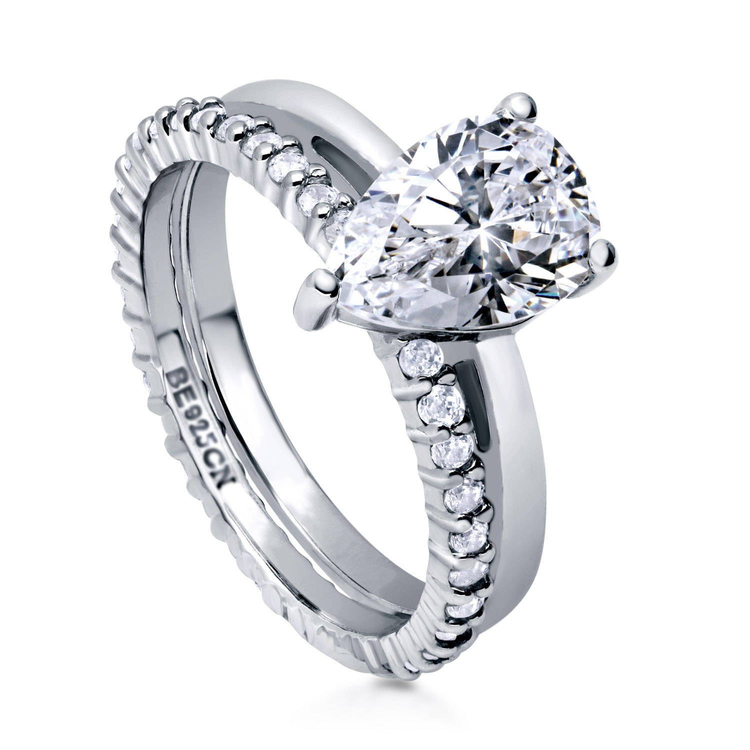 BERRICLE Sterling Silver Solitaire Wedding Engagement Rings 1.8 Carat Pear Cut Cubic Zirconia CZ Ring Set for Women, Rhodium Plated Size 7.5