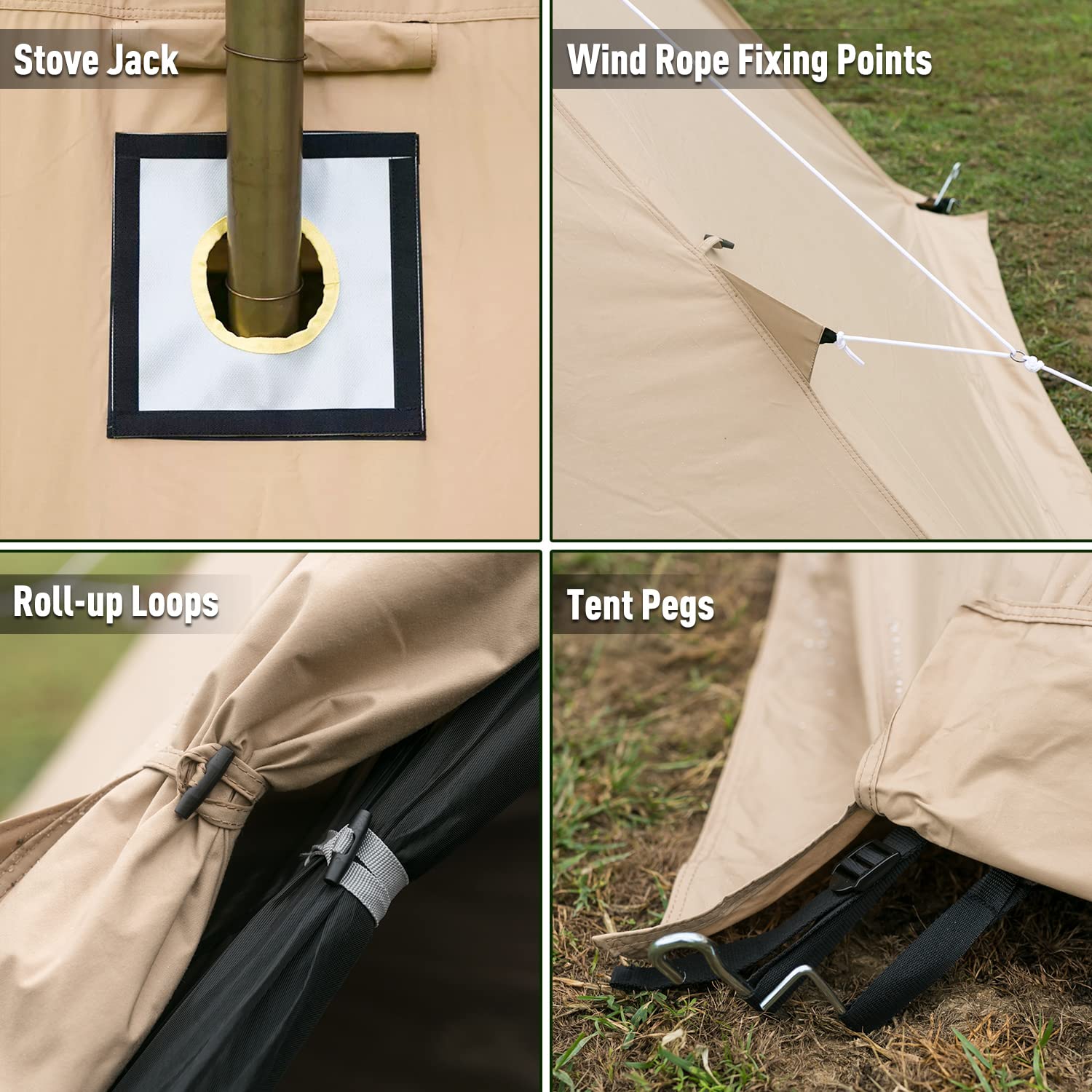Canvas Hot Tent Tipi Tent Camping Teepee with Stove Jack Canvas Bell Tent 2-4 Person Yurt Tent -YARN Plus (Khaki)