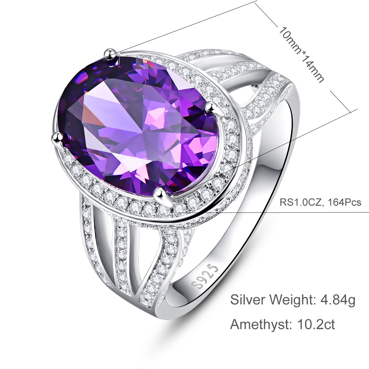 BONLAVIE 10.2ct 10x14mm Oval Cut Created Purple Amethyst Ring Paved White Cubic Zirconia 925 Sterling Silver Engagement Ring Wedding Bands Ring for Women Size 7