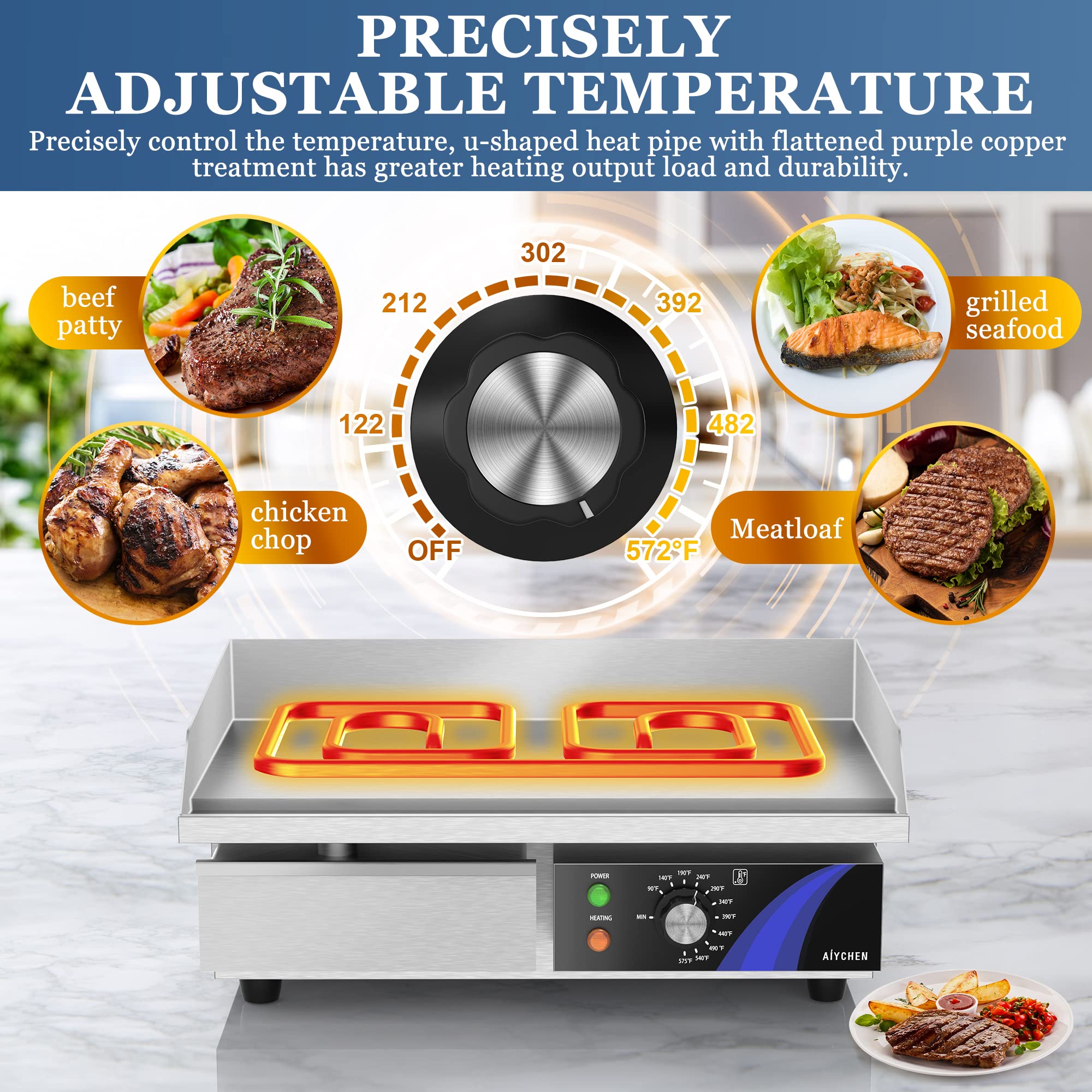 Commercial Griddle 22" Commercial Electric Griddle 220V 3000W Non-Stick Countertop Flat Top Griddle Stainless Steel Grill with Shovels Adjustable Temperature Control 90°F-575°F (22'')