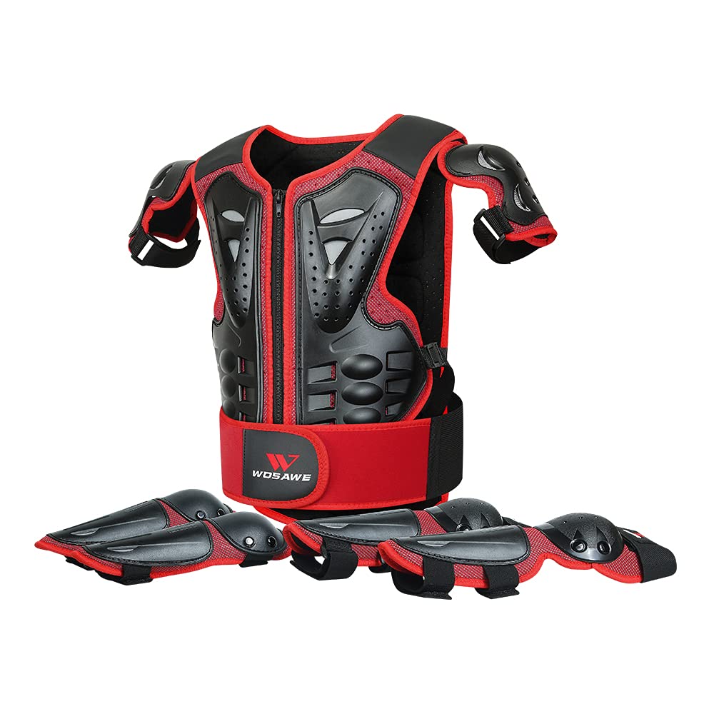 WOSAWE Kids Dirt Bike Chest Protector Skating Knee Elbow Pads Youth ATV Spine Protective Gear Kit, Red