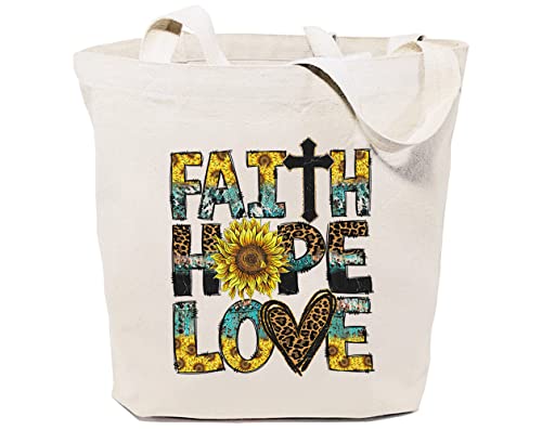 GXVUIS Faith Hope Love Canvas Tote Bag for Women Sunflowers Leopard Print Reusable Grocery Shopping Bags Christian Gifts White