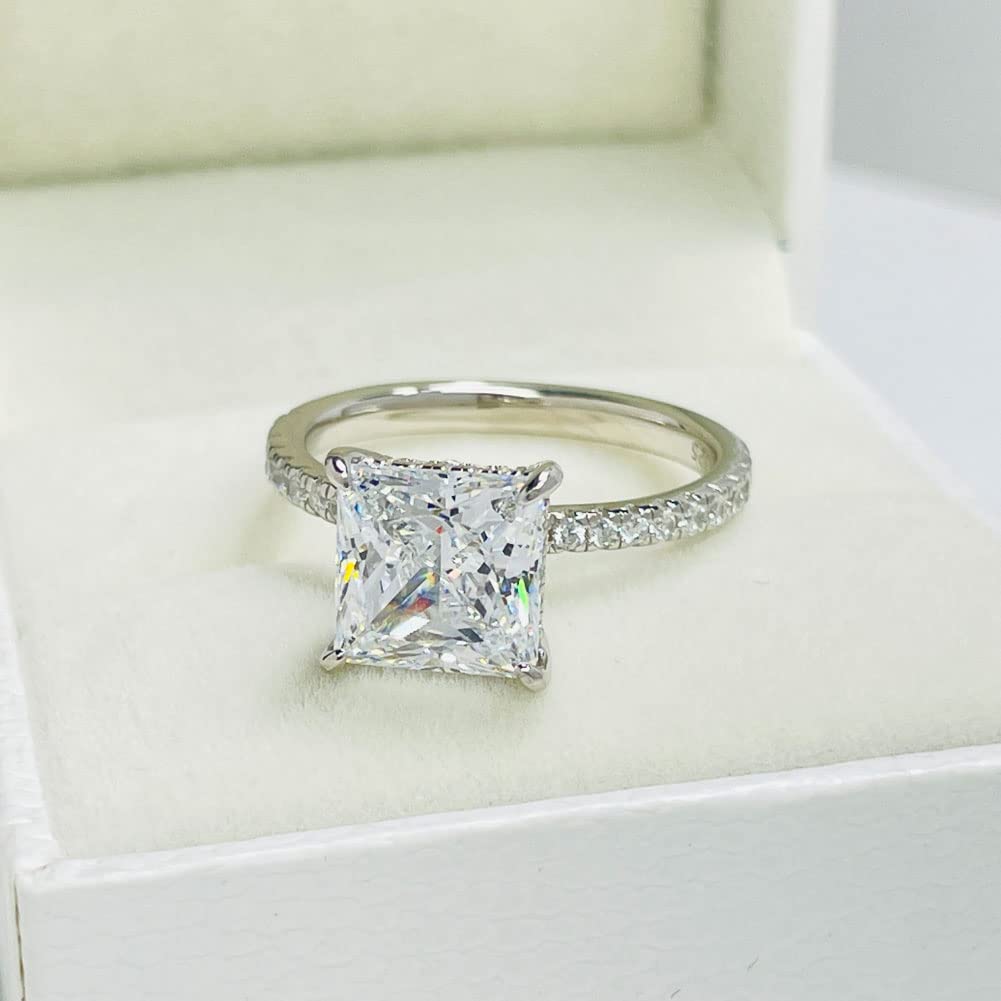 Bo.Dream Princess Cut Cubic Zirconia Engagement Rings for Women Platinum Plated Sterling Silver Promise Gift Size 5
