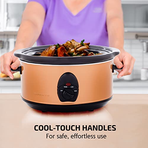 OVENTE Electric Slow Cooker with 3.7 Qt Ceramic Pot and 3 Cooking Settings, Dishwasher-Safe Stoneware, Tempered Glass Lid, Portable Multicooker Perfect for Soups Sauces Stews & Dips, Copper SLO35ACO1