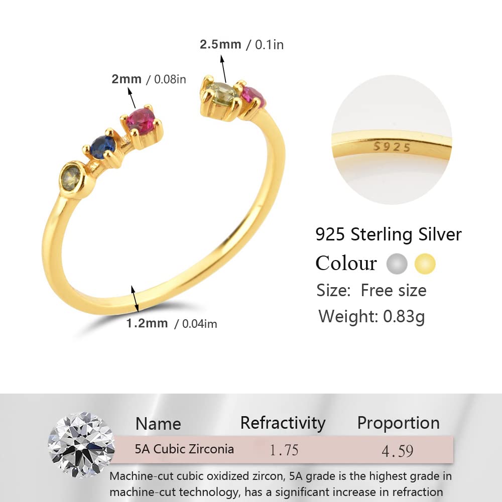 BVLVO 925 Sterling Silver Wedding Bands for Women Open Stackable Colorful 5A CZ Cubic Zirconia Engagement Rings Dainty Eternity Band Rings (Gold-5 Zirconia)