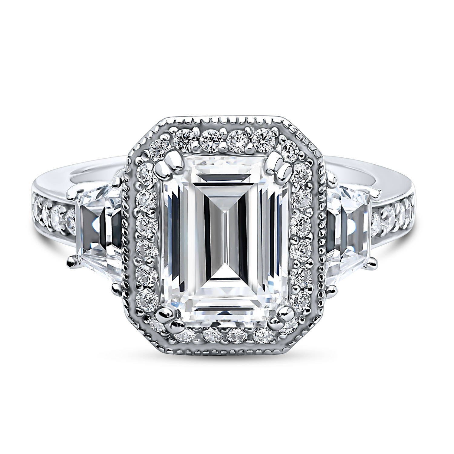 BERRICLE Sterling Silver Halo Wedding Engagement Rings Emerald Cut Cubic Zirconia CZ Statement Ring for Women, Rhodium Plated Size 7