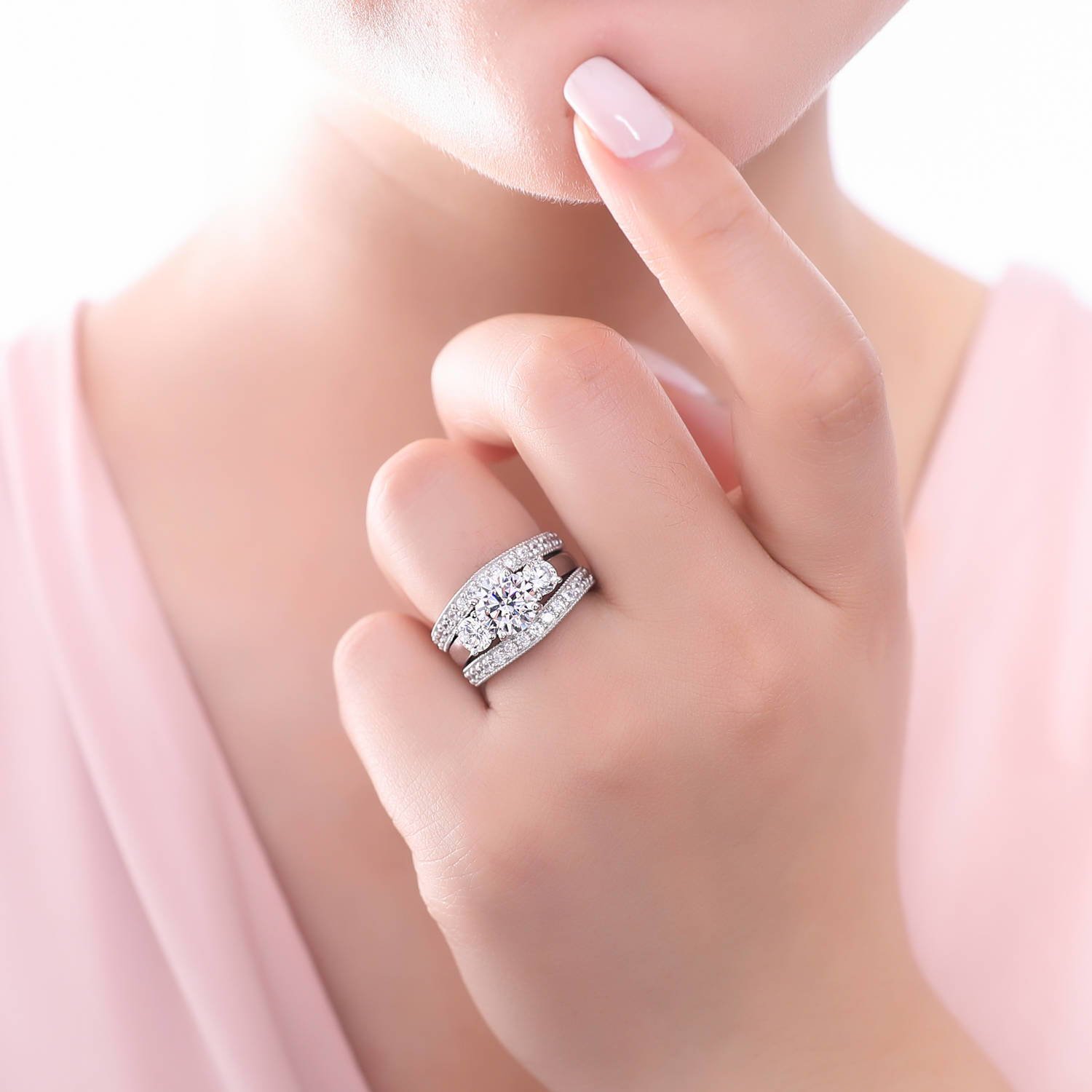 BERRICLE Sterling Silver 3-Stone Wedding Engagement Rings Round Cubic Zirconia CZ Ring Set for Women, Rhodium Plated Size 9.5