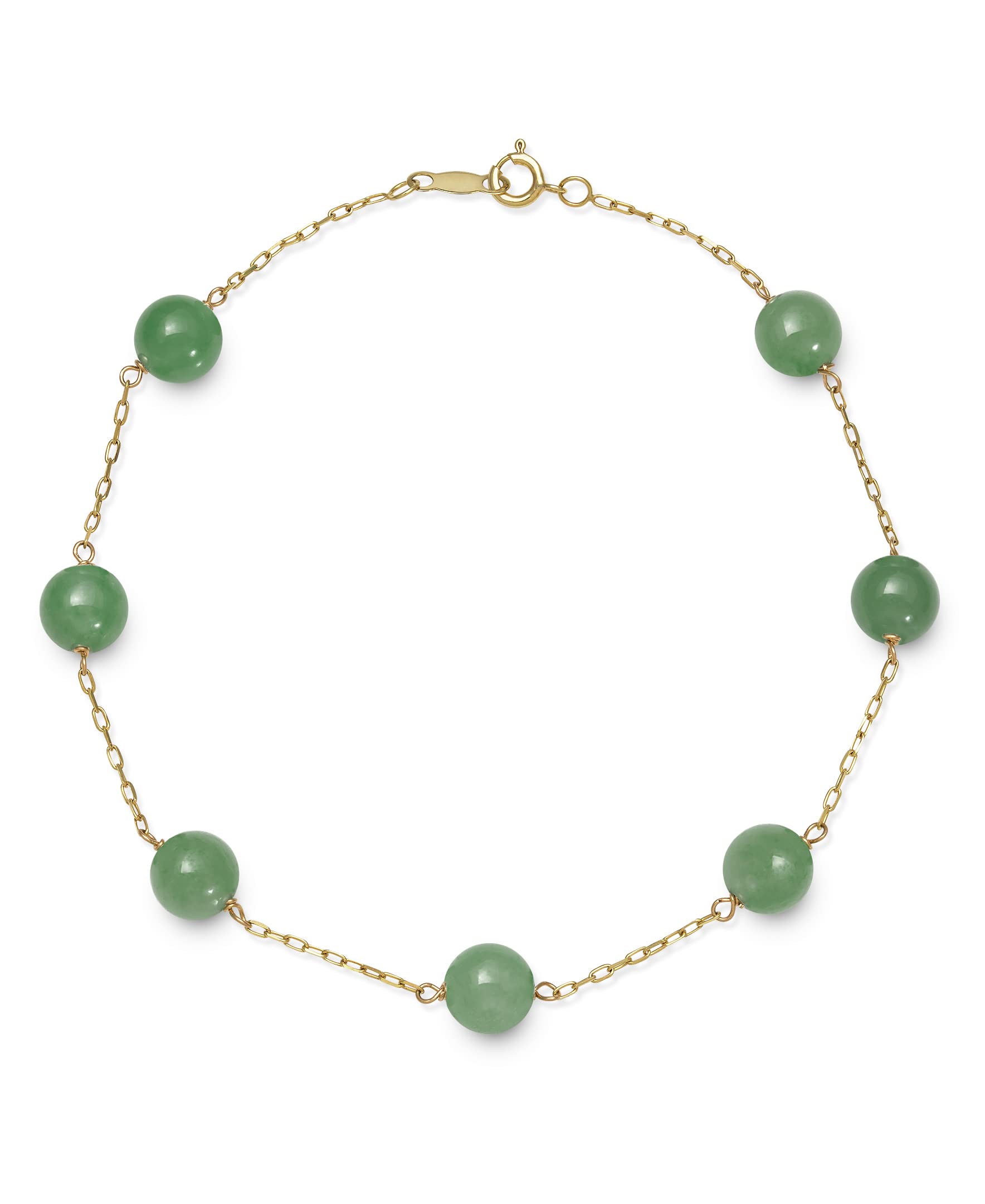 Belacqua 10k Yellow Gold 6mm Green Jade Station Chain Tin Cup Bracelet,7.5"