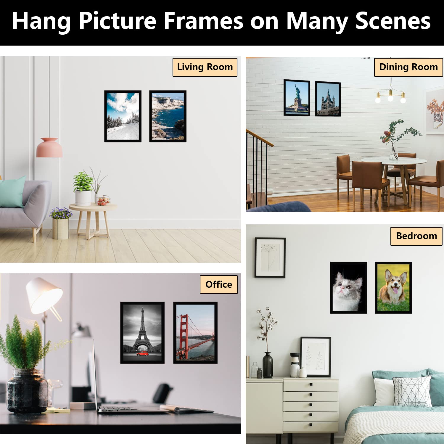 BOANKODU 11x14 Picture Frame Set of 2, Made of High Definition Transparent Plastic for 8x10 with Mat or 11x14 Without Mat, Wall Mounting Photo Frame, Black
