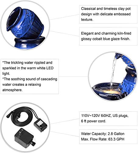 Glitzhome 27.25" H Outdoor Garden Water Fountain with LED Lights and Pump, 4 Tier Cobalt Blue Embossed Pattern Ceramic Pots Cascading Floor-Standing Fountain for Porch Deck Patio Backyard Decoration