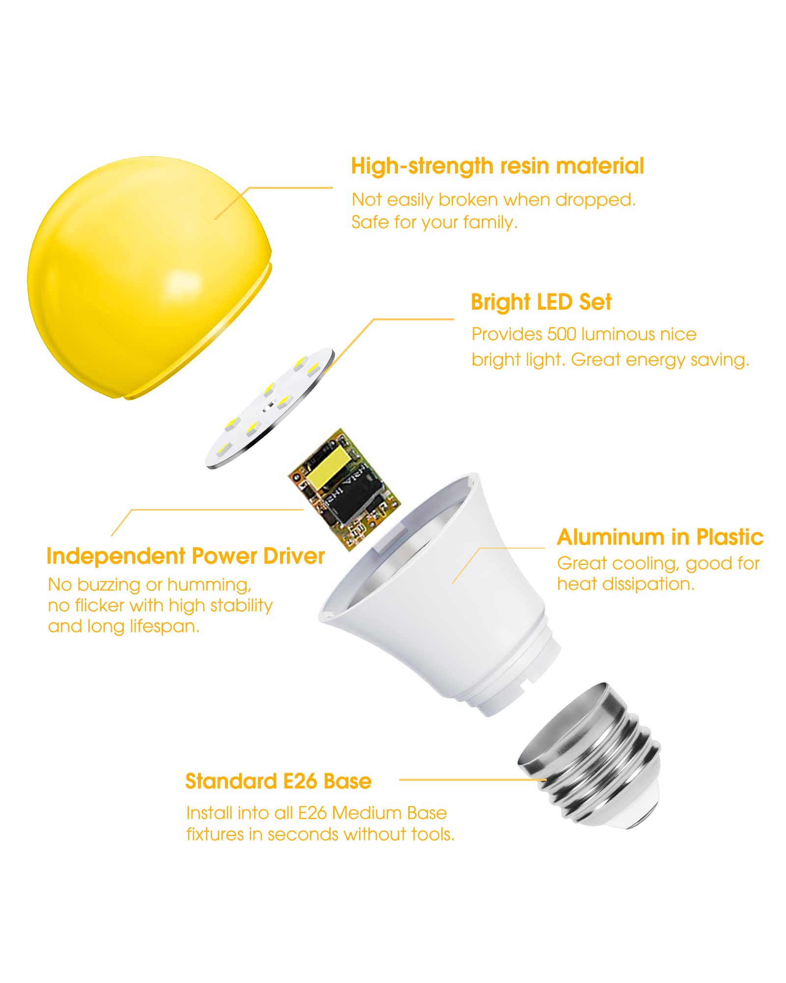 Bug Light Bulbs Outdoor, 40W Equivalent Amber Yellow LED Bug Lights for Outside, 6W 500LM 2000K for Porch Lights, Non-Attracting, Not-Dimmable A19 Bulb for Patio, Deck, Backyard, Hallway, 2 Pack