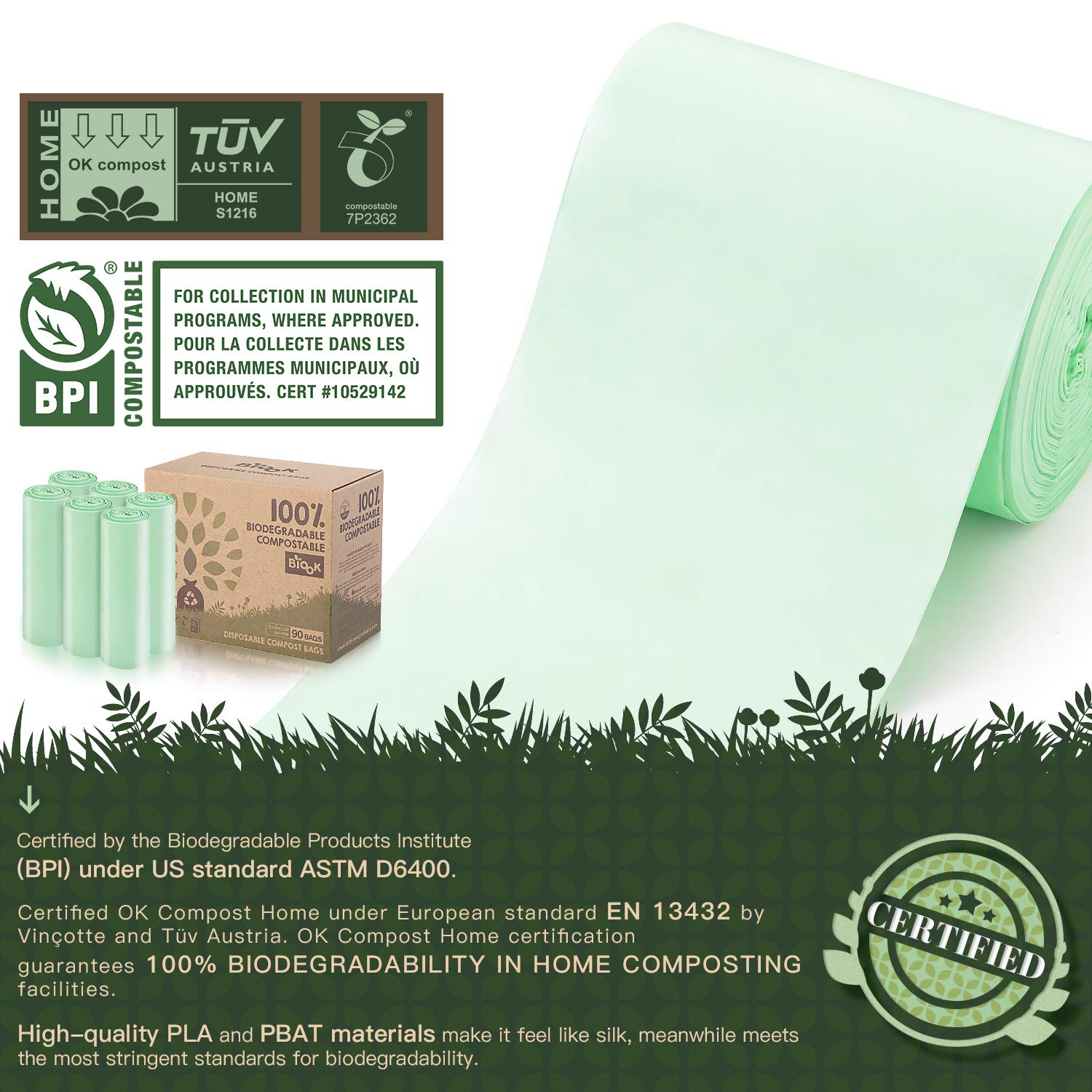 BIOOK Compostable Dog Poop Bags, 50 Count, 50 Liters Capacity, Made from PLA+PBAT, Biodegradable, Easy Detachment, Thickness, and Storage