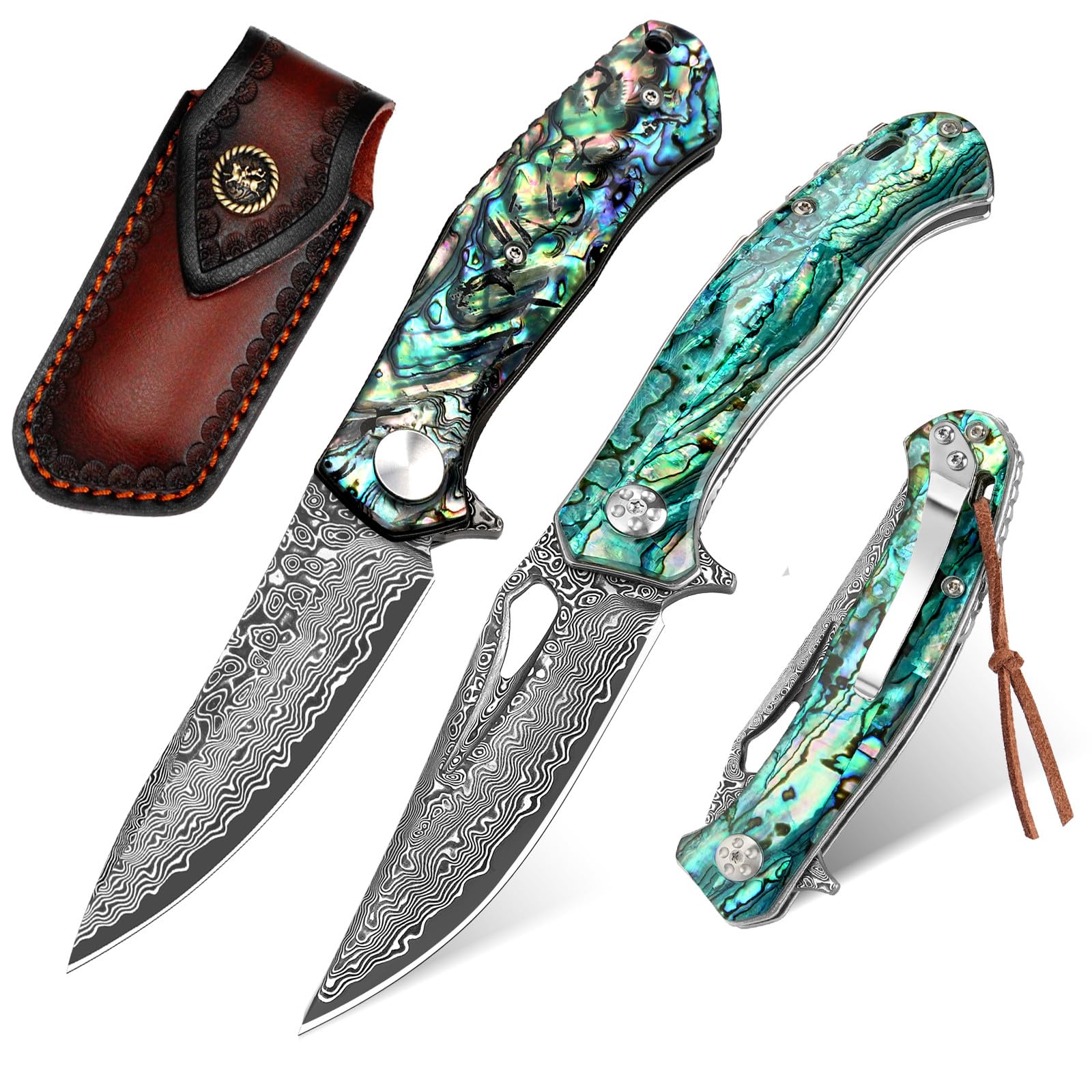 Benkey VG10 Damascus Abalone Seashells Pocket Knife and VG10 Damascus Camping Pocket Knife Bundles