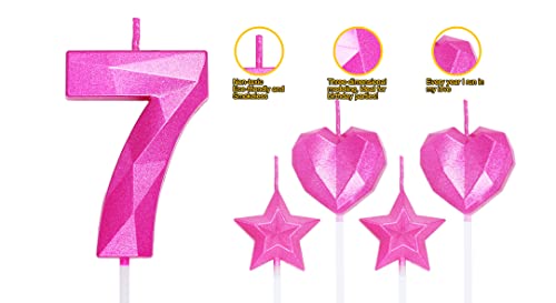 Pink Number 7 Candles and Star Heart Candles 2.76 inch Number Candles for Birthday Cakes 3D Diamond Shaped for Cake Decorations(Pink Candle 7)