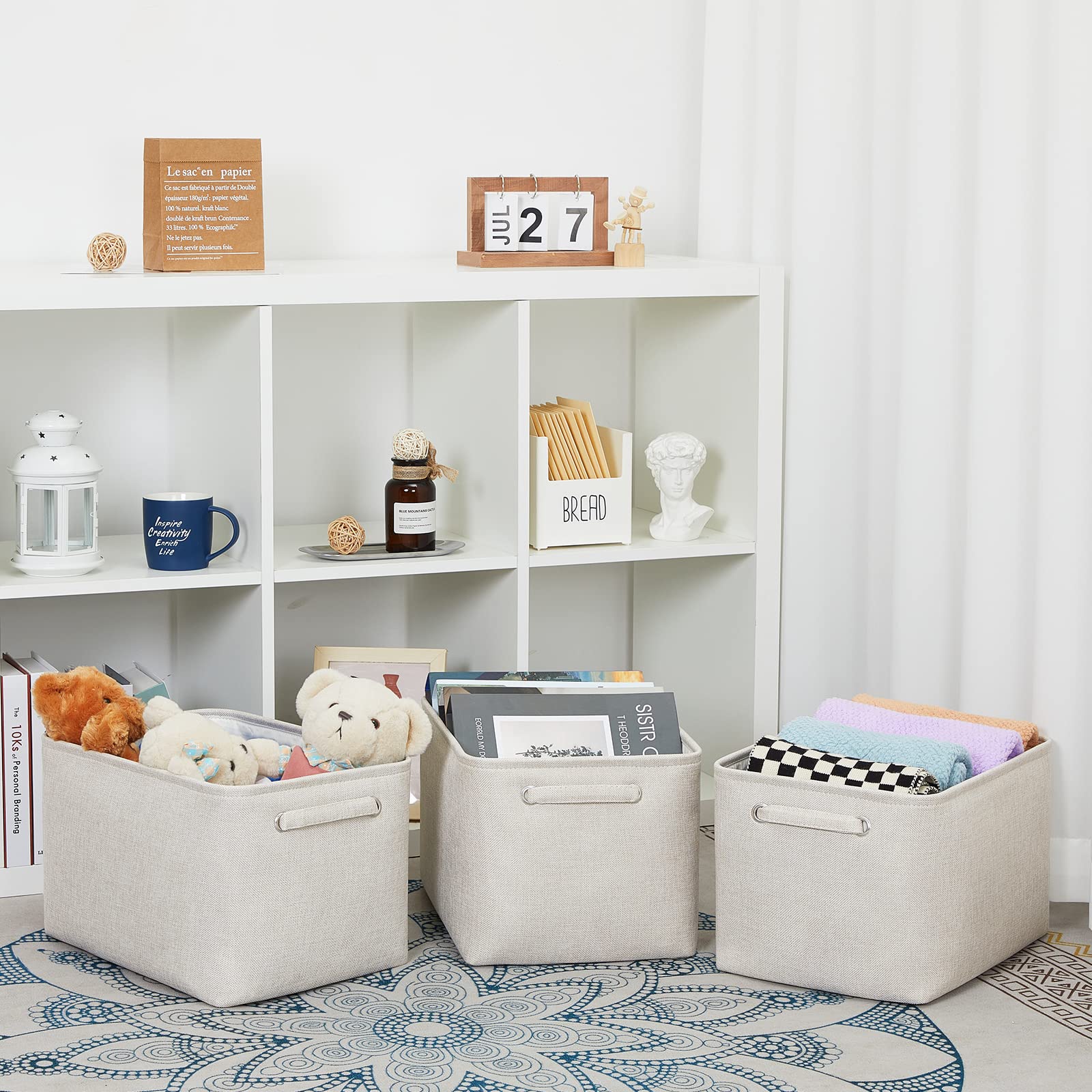 Bliecamile Fabric Storage Baskets for Organizing Closet, Beige Storage Baskets for Shelves, Large Closet Baskets for Nursery, Home, Large Canvas Storage Bin with Cloth Handles(Medium-3PCS, Beige)