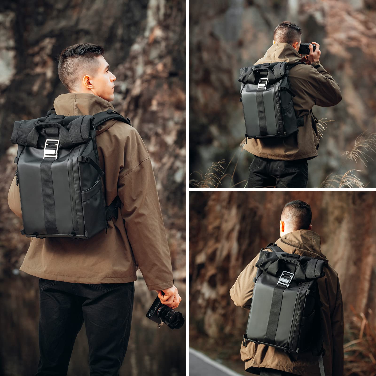 Besnfoto Camera Backpack for Photographer DSLR SLR Waterproof Camera Bag with Laptop Compartment Tipod Holder Roll Top Photographer Case for Hiking Traveling