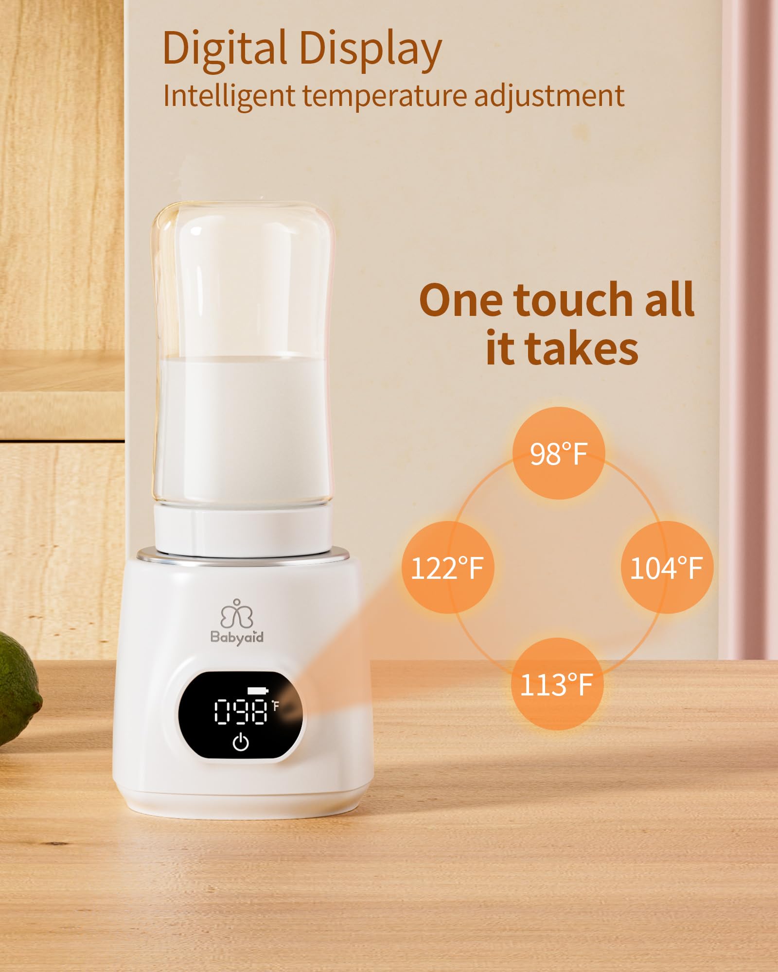 Babyaid Portable Bottle Warmer, Fast Heating Bottle Warmer with 4 Adapters, 4 Gears Temperature Smart Control Bottle Warmer, Cordless Trval Baby Bottle Warmer for Breastmilk or Formula, Pearl White