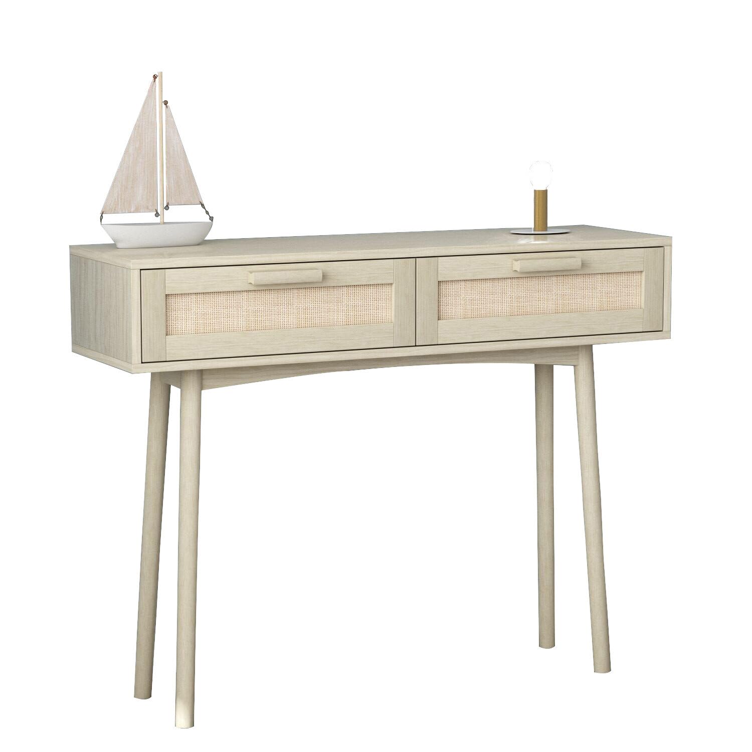 BESNUGZONE Console Table with 2 Drawers Rattan Entryway Table with Storage Narrow Accent Sofa Table Behind Couch Table for Hallway, Entryway, Living Room