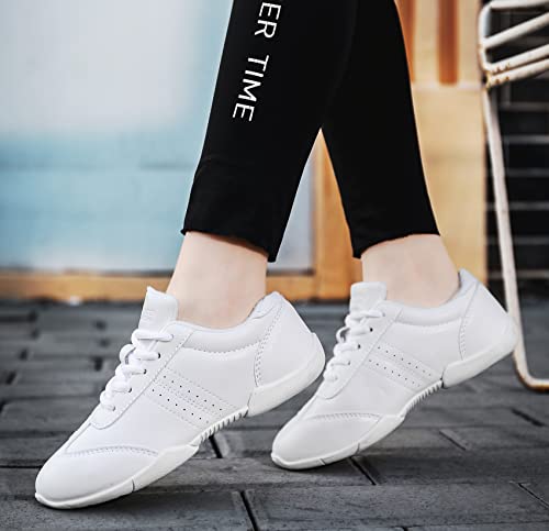 BAXINIER Youth Girls White Cheerleading Dancing Shoes Athletic Training Tennis Walking Breathable Competition Cheer Sneakers - White 2 Little Kid