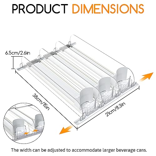 Drink Organizer for Fridge: Self Pushing Soda Can Dispenser for Refrigerator with Double Spring Beverage Pusher Glide Width Adjustable Soda Can Organizer for Kitchen Pantry White 3 Rows