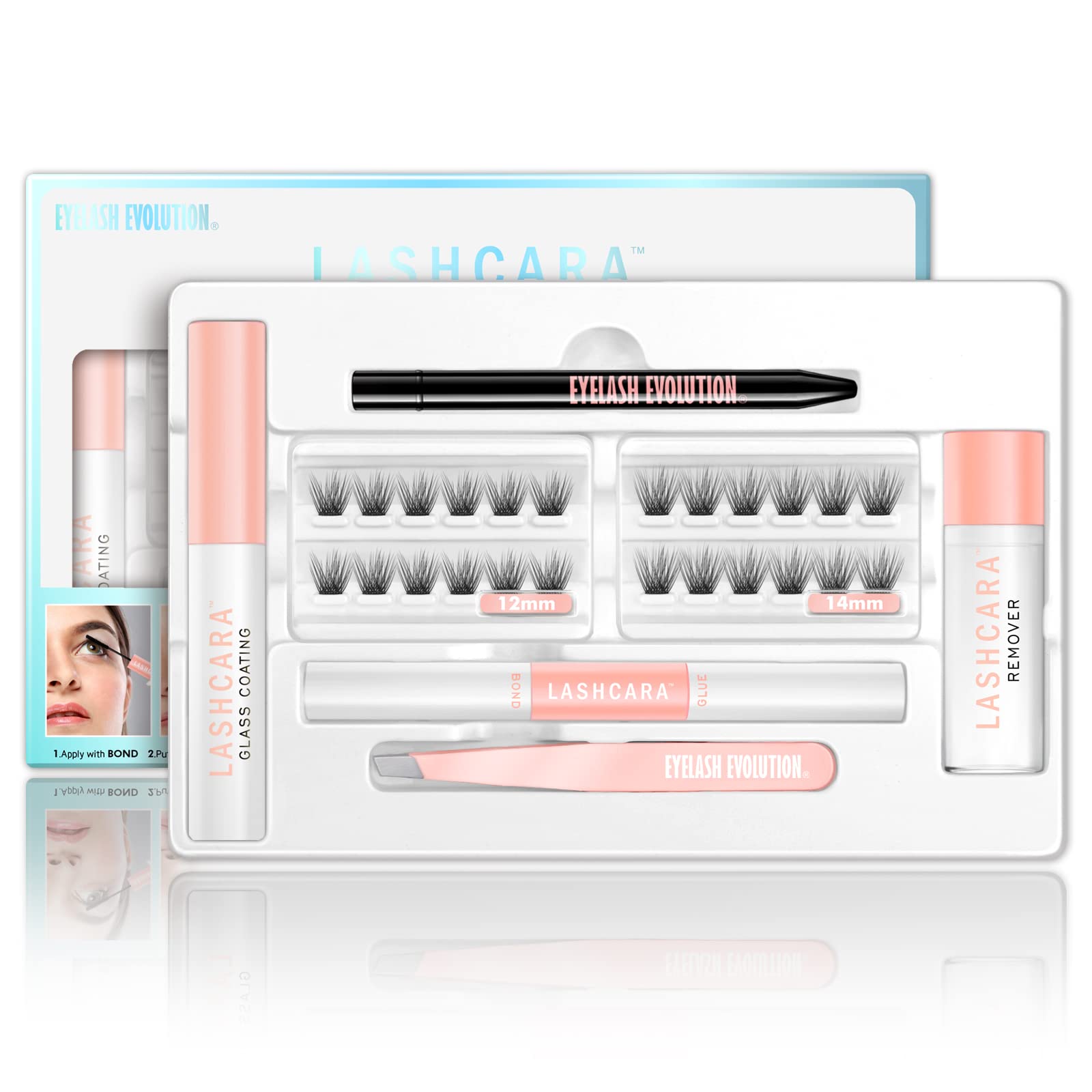DIY Eyelash Extension Kit Cluster Lashes 12mm 14mm 3D Effect Remover Tweezer Dual-end Bond Glue Glass Coating Brush Individual Lash 24 Clusters (Kit-Volume-Lashes*2+Multi Functional Set)