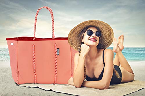 QOGiR Neoprene Multipurpose Beach Bag Tote with Inner Zipper Pocket (Coral, Large)