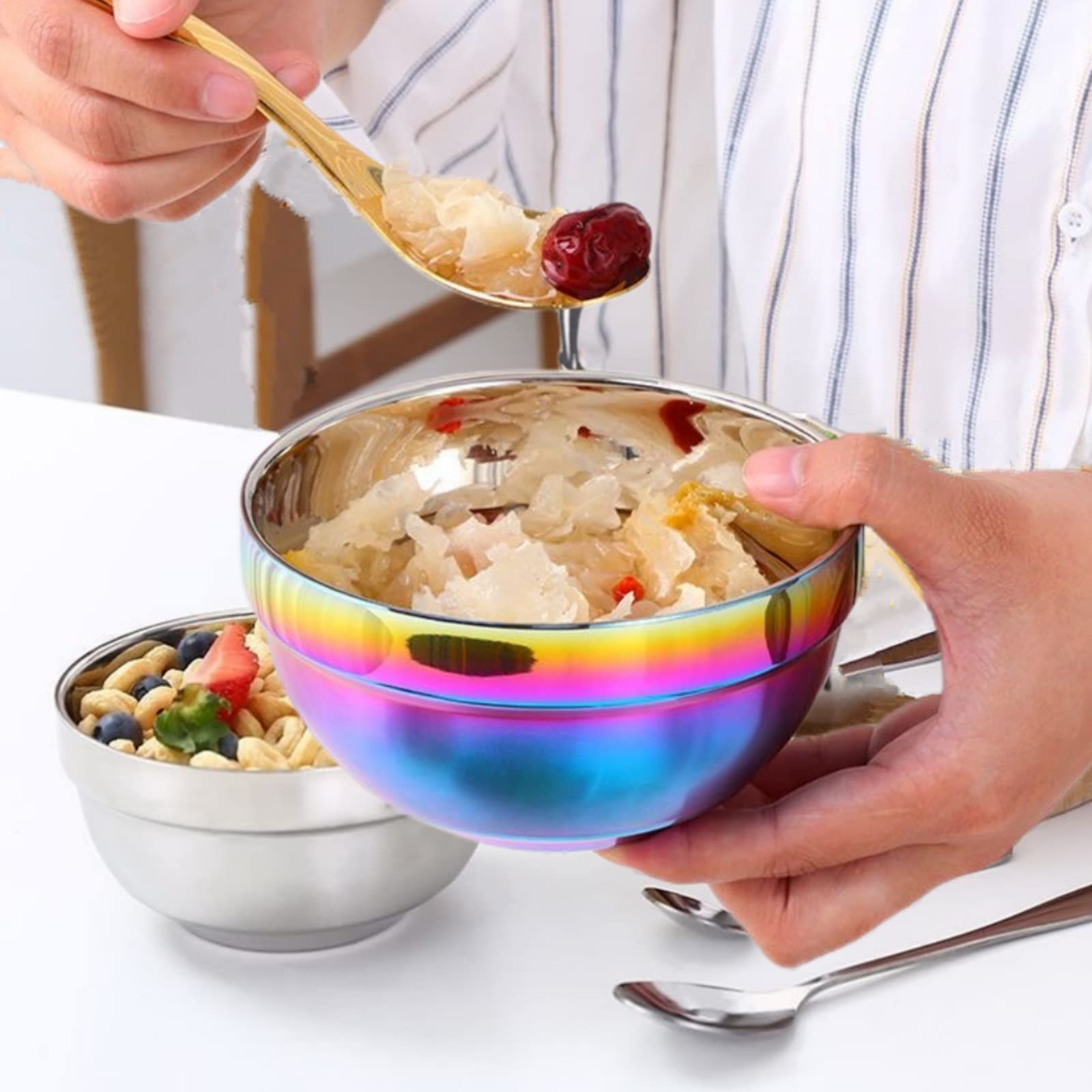 Ceiteo Rainbow Bowl Set of 6, 304 Stainless Steel Dinnerware Metal Double-walled Insulated Cereal Bowls for Eating Kitchen, Dishwasher Safe and Unbreakable