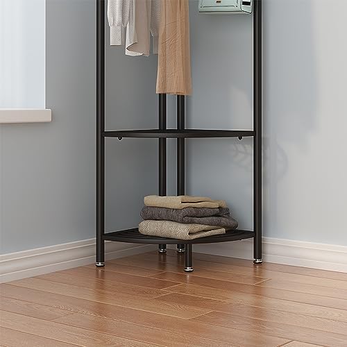FLRH Black Corner Hall Tree, Freestanding Garment Rack with 6 Hooks and Storage Shelf, Metal Clothing Racks Coat Racks for Hallway, Entryway, Bedroom, Living Room, Office(Black)