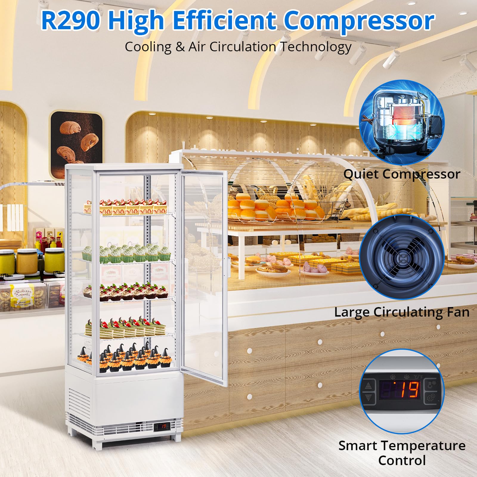 Commercial Refrigerator Display Case, 4.2 Cu.FT Single-Door Countertop Pastry Display Case with Interior LED Lighting, Double-Layered Glass, Commercial Refrigerator for Pastry Cake Restaurant